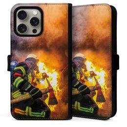 DeinDesign iPhone 16 Pro Handy Klapph&uuml;lle Handyh&uuml;lle aus Kunst Leder schwarz Flip Case Life Saver Fire Fighters Fire Sideflip mit Lasche