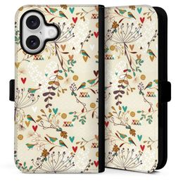 DeinDesign iPhone 16 Handy Klapph&uuml;lle Handyh&uuml;lle aus Kunst Leder schwarz Flip Case Flowers Bird Retro Sideflip mit Lasche