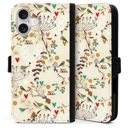 DeinDesign iPhone 16 Plus Handy Klapph&uuml;lle Handyh&uuml;lle aus Kunst Leder schwarz Flip Case Flowers Bird Retro Sideflip mit Lasche
