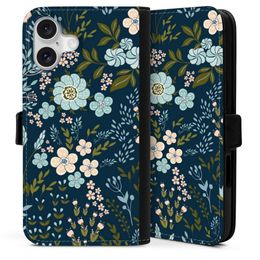 DeinDesign iPhone 16 Plus Handy Klapph&uuml;lle Handyh&uuml;lle aus Kunst Leder schwarz Flip Case Blue Muster Flowers Sideflip mit Lasche
