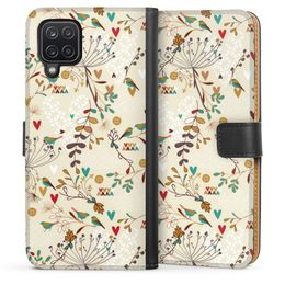 DeinDesign Galaxy A12 Handy Klapph&uuml;lle Handyh&uuml;lle aus Kunst Leder schwarz Flip Case Bird Retro Flowers Sideflip mit langer Lasche