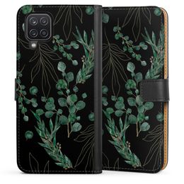 DeinDesign Galaxy A12 Handy Klapph&uuml;lle Handyh&uuml;lle aus Kunst Leder schwarz Flip Case Eukalyptus Leaves Nature Sideflip mit langer Lasche