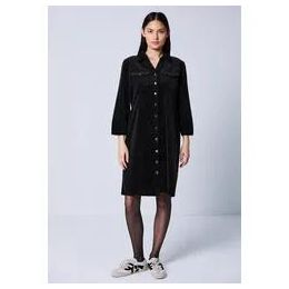 Midikleid STREET ONE STUDIO, Damen, Gr. 42, EURO-Gr&ouml;&szlig;en, schwarz, Web, 98% Baumwolle, 2% Elasthan, unifarben, normal knielang, V-Ausschnitt, abgesteppt, Kleider Midikleid, mit Knopfleiste