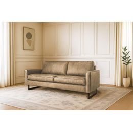 3-Sitzer Home Affaire "Pinto, 206 cm, Cord, Chenille, Lederoptik", beige, B:206cm H:85cm T:97cm, Kunstleder (65% Polyester, 35% Lederfasern);Cord (92% Polyester, 8% Polyamide), Sofas, mit Keder, schwarze Metallf&uuml;&szlig;e, Wellenunterfederung