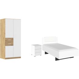 Schlafzimmer-Set Rauch "Komplettzimmer Komplettschlafzimmer Schlafzimmer-Set (3-St.) MAIKA", schwarz-wei&szlig; (eiche artisan, alpinwei&szlig;, lederoptik wei&szlig;), Schrank Breite 91cm, H&ouml;he 210 + ohne Matratze, B/H: 100cm x 200cm, Schrank Breite 91cm, H&ouml;he 210, Holzwerkstoff, Schlafzimmerm&ouml;bel-Sets, Schrank 3 Breiten, 2 H&ouml;hen, Bett 100 cm, Nachttisch MADE IN GERMANY