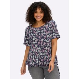 sheego Gro&szlig;e Gr&ouml;&szlig;en Print-Shirt mit Tunnelzug am Saum, tiefblau-champagner-bedruckt, Gr&ouml;&szlig;e 56/58 - Damen