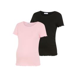 Umstandsshirt Neun Monate "2er Pack Schwangerschafts-Shirts", Damen, Gr. 44/46, rosa, schwarz, Rippware, Obermaterial: 100% Baumwolle, unifarben, Basic, sehr figurbetont h&uuml;ftlang, Rundhals, Shirts Umstandsshirt, T-Shirts f&uuml;r Schwangerschaft und danach