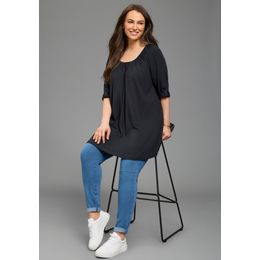 Longshirt LAURA SCOTT CURVE, Damen, Gr. 40/42, schwarz, Single Jersey, Obermaterial: 95% Viskose, 5% Elasthan, unifarben, Basic, A-Linie Po-bedeckend, Rundhals, Krempel&auml;rmel,Raglan&auml;rmel krempelbar, Shirts Longshirt, im A-Shape mit krempelbaren &Auml;rmeln