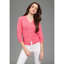 Cardigan Bruno Banani, Damen, Gr. 32/34, pink, Feinstrick, Obermaterial: 70% Viskose, 30% Polyamid, unifarben, figurumspielend kurz, V-Ausschnitt, Puff&auml;rmel B&uuml;ndchen, Strickjacken, figurumspielende Passform, V-Ausschnitt, mit Puff&auml;rmeln