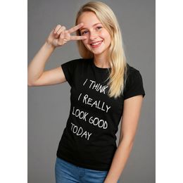T-Shirt Kidsworld "L&auml;ssiger Spruch: I THINK I LOOK REALLY GOOD TODAY", M&auml;dchen, Gr. 164/170, schwarz, Single Jersey, Obermaterial: 100% Baumwolle, bedruckt, Basic, Rundhals, Shirts T-Shirt, f&uuml;r M&auml;dchen, Kurzarm, Rundhalsausschnitt, mit Statement-Spr&uuml;chen