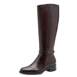 Stiefel Tamaris, Damen, Gr. 42, Normalschaft, dunkelbraun, Leder, unifarben, Schuhe Stiefel, Blockabsatz, Langschaftstiefel mit T-Logoelement