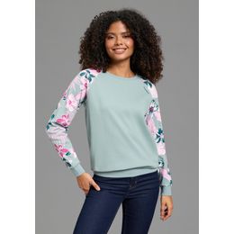 Sweatshirt Kangaroos, Damen, Gr. 48/50, petrol, Interlock, Obermaterial: 100% Baumwolle. B&uuml;ndchen: 95% Baumwolle, 5% Elasthan, bequem h&uuml;ftlang, Rundhals, Raglan&auml;rmel Rippb&uuml;ndchen, Sweatshirts Sweatshirt, &Auml;rmel mit Blumendruck