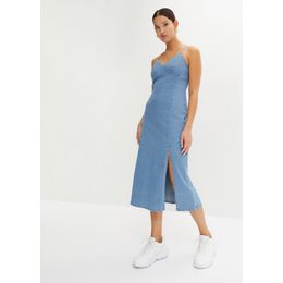 bonprix Jeanskleid mit Schlitz, blau, Gr.36, Trendy Jeanskleid mit tiefem V-Ausschnitt in Midil&auml;nge, 98% Baumwolle (organic)