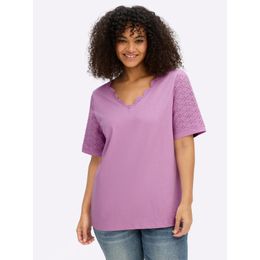 sheego by Joe Browns Damen V-Shirt mit Lochstickereien und Muschelsaumkante, orchidee, Gr&ouml;&szlig;e 44/46