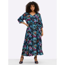 sheego by Joe Browns Damen A-Linien-Kleid mit buntem Blumenprint, tiefblau-t&uuml;rkis-gemustert, Gr&ouml;&szlig;e 58
