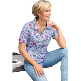 Damen Poloshirt mit floralem Dessin bleu-fuchsia-bedruckt, Gr&ouml;&szlig;e 42