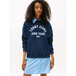 Tommy Jeans Damen Sweatshirt "TJW BXY VARSITY OVERDYE CREW EXT", blau, Gr. XS, bedruckt, Sweatware, Obermaterial: 100% Baumwolle, Sweatshirts