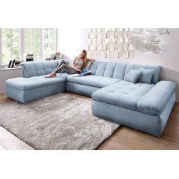 Wohnlandschaft DOMO collection, B:353cm H:80cm T:216cm, blau, Chenille (85% Polyester, 15% Acryl), Sofas, "Moric Luxus incl. Zierkissen", U-Form, bis