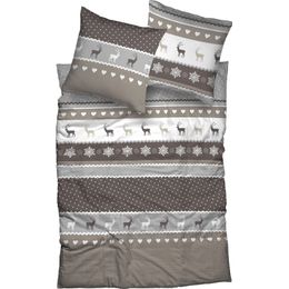 Bettw&auml;sche CASATEX, beige, Biber, Obermaterial: 100% Baumwolle, Bettw&auml;sche, "Garmisch", sch&ouml;ne Hirschmotive, Herzen und Schneekristallen