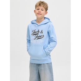 Jack & Jones Jungen Kapuzensweatshirt "JJELOGO SWEAT HOOD 2 COL AW25 NOOS JNR", blau, Gr. 128, JACK & JONES JUNIOR, bedruckt, angeraute Sweatware, Obermaterial: