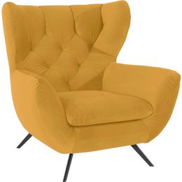 Sessel 3C CANDY, B:100cm H:106cm T:95cm, gelb, Samt-Optik (100% Polyester), Wohnzimmer, Sessel, "Beatrice Ohrensessel mit Knopfheftung im R&uuml;cken",