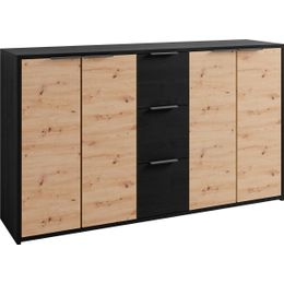 Sideboard ByLiving, B:139cm, schwarz, Wohnzimmer, Sideboards, "Rimini", Melamin Eiche schwarz und Artisan Eiche, 3 Schubk&auml;sten, 4 T&uuml;ren