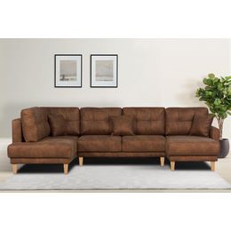 Wohnlandschaft Home Affaire, B:310cm H:90cm T:192cm, braun, 100% Polyester, Sofas, "TRIPLO U-Form wahlweise mit Schlaffunktion, B/T/H: 310/192/90