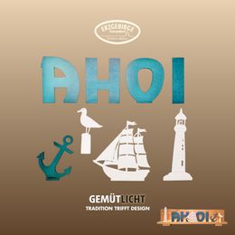 Deko-Schriftzug Weiglawei&szlig;, blau, Dekofiguren, "und Figurenset "Maritim" f&uuml;r Weigla Dekosockel, aus Holz", Erzgebirge garantiert, maritime Innendeko