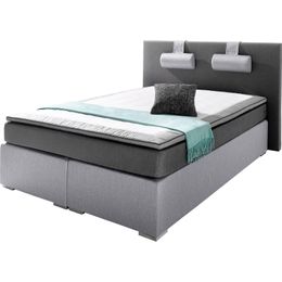 Boxspringbett, grau, ATLANTIC HOME COLLECTION, Das Kopfteil, die Obermatratze, die untere Box, die Nackenkissen und der Topper des Schlafzimmerm&ouml;bels