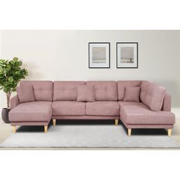 Wohnlandschaft Home Affaire, B:310cm H:90cm T:192cm, rosa, 92% Polyester, 8% Nylon, Sofas, "TRIPLO U-Form wahlweise mit Schlaffunktion, B/T/H: