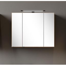 Spiegelschrank Welltime, B:80cm H:64cm T:20cm, braun, Holzwerkstoff, Badezimmer, Schr&auml;nke, Welltime, Breite 80 cm, mittlere T&uuml;r reversibel, ged&auml;mpft