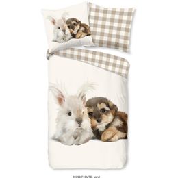 Kinderbettw&auml;sche Good Morning, beige, Flanell, Obermaterial: 100% Baumwolle, Bettw&auml;sche, "Cute Rabbit & Dog", Biber, 135x200, Weich, Warm,