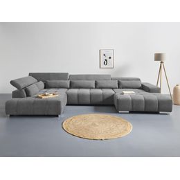 Wohnlandschaft COTTA, B:409cm H:73cm T:225cm, grau, 100% Polyester, Sofas, "Orion U-Form", mit Kopfteilverstellung & 6 Nierenkissen