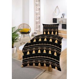 Bettw&auml;sche GOLD-LINE, schwarz, Microfaser, Obermaterial: 100% Polyester, Bettw&auml;sche, "Gold-Line Bed - Goldenes Glockenmotiv", besonders weich und