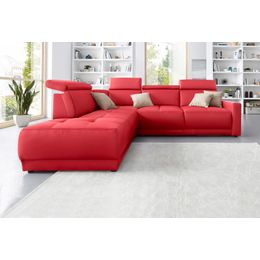 Ecksofa DOMO collection, B:266cm H:84cm T:99cm, rot, Kunstleder SOFTLUX;Struktur fein (100% Polyester);Zierkissen: Microfaser PRIMABELLE (100%