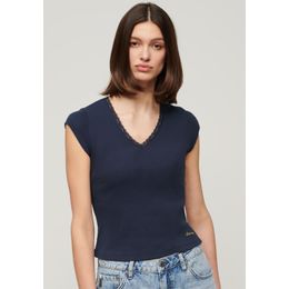 Superdry Damen T-Shirt "ESSENTIAL LACE TRIM V TEE", blau, Gr. XL, unifarben, Single Jersey, Obermaterial: 100% Baumwolle, Shirts