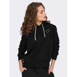 Only Damen Kapuzensweatshirt "ONLNOLI L/S HEART HOOD SWT NOOS"schwarz detail:gold strings, heart emb, Gr. XL, unifarben, Sweatware, Obermaterial: 60%