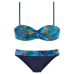 Lascana Damen B&uuml;gel-Bandeau-Bikini, blau, Gr. 44, bedruckt, Polyamid, Bikini-Sets, mit Dschungel-Optik