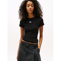 Tommy Jeans Damen Kurzarmshirt "TJW SLIM BADGE RIB TEE", schwarz, Gr. XS, unifarben, Single Jersey, Obermaterial: 95% Baumwolle, 5% Elasthan, Shirts,