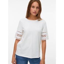 V&eacute;ro Moda VERO MODA Damen T-Shirt "VMIVACY 2/4 O-NECK TOP JRS BTQ", wei&szlig;, Gr. M, unifarben, Jersey, Obermaterial: 100% Baumwolle, Shirts, mit Lochstickerei