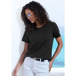 Damen T-Shirt "mit modischem Schlitz am Saum", schwarz, Basic, Gr. 32, BEACHTIME BY LASCANA, unifarben, Single Jersey, Obermaterial: 100% Baumwolle,