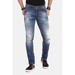 Cipo & Baxx CIPO & BAXX Herren Slim-fit-Jeans "Jeans", blau, Gr. 30, unifarben, 99% Baumwolle, 1% Elasthan, Jeans, im Destroyed-Look, CD-475