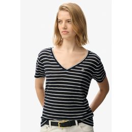 Superdry Damen T-Shirt "STUDIOS SLUB EMB VEE TEE"navy, optic stripe, Gr. S, gestreift, Single Jersey, Obermaterial: 60% Baumwolle, 40% Lyocell,