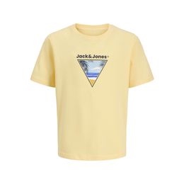 Jack & Jones Kinder T-Shirt "JJPERRY TEE SS CREW NECK JNR", gelb, Gr. 128, JACK & JONES JUNIOR, bedruckt, unifarben mit Farbeinsatz, Single Jersey, Obermaterial: