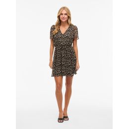 Minikleid Vila "VIFALIA V-NECK S/S SHORT DRESS- NOOS", Damen, Gr. 34, N-Gr, schwarz aop:hazel, Web, Obermaterial: 100% Polyester, bedruckt, regular fit kurz, V-Ausschnitt, Kleider Minikleid, Sommerkleid