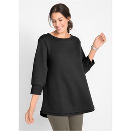 Sweatshirt bonprix, Damen, Gr. 44/46 (L), schwarz, Sweatware, Obermaterial: 75% Polyester, 25% Viskose. B&uuml;ndchen: 58% Polyester, 32% Baumwolle, 10% Elasthan, gemustert, unifarben, bequem ca. Mitte Oberschenkel, Rundhals, weit Rippb&uuml;ndchen, Sweatshirts Sweatshirt, langer Schnitt, mit U-Bootausschnitt, mit Ballon&auml;rmeln