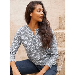Heine Damen Langarmshirt "Druck-Shirt", blau, Gr. 50, gemustert, mehrfarbig, 100% Baumwolle, Shirts
