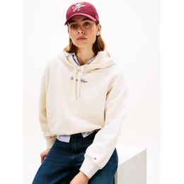 Tommy Hilfiger Damen Kapuzensweatshirt "CLASSIC SCRIPT FLEECE HOODIE", beige, Gr. M, meliert, Sweatware, Obermaterial: 77% Baumwolle, 23% Polyester,