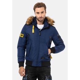 Cipo & Baxx CIPO & BAXX Herren Winterjacke "Jacke", blau, Gr. XL, unifarben, Stoff, 100% Polyester, Jacken, mit Kapuze und Kunstfellbesatz