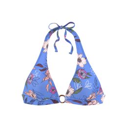 s.Oliver Damen Triangel-Bikini-Top "Maya", blau, Gr. 34, floral, Polyamid, Bikini-Oberteile, mit Ring in Horn-Optik